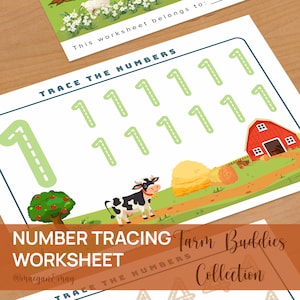Number Tracing Worksheet: Farm Animals Handwriting Practice (digital ...