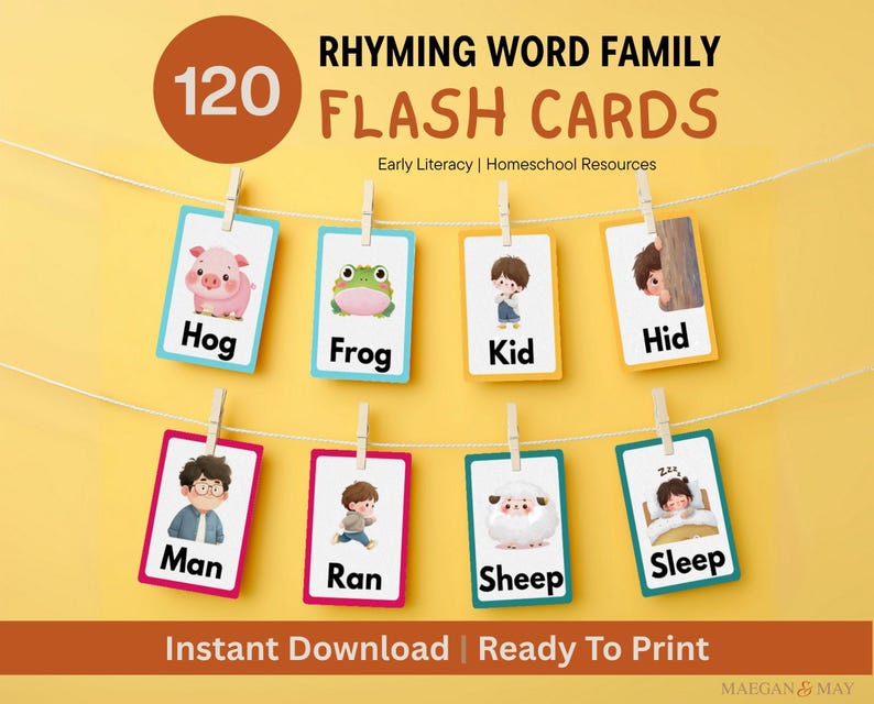 Phonics Rhyming Word Families Flashcards | 120 Printable Cards, 30 Word ...