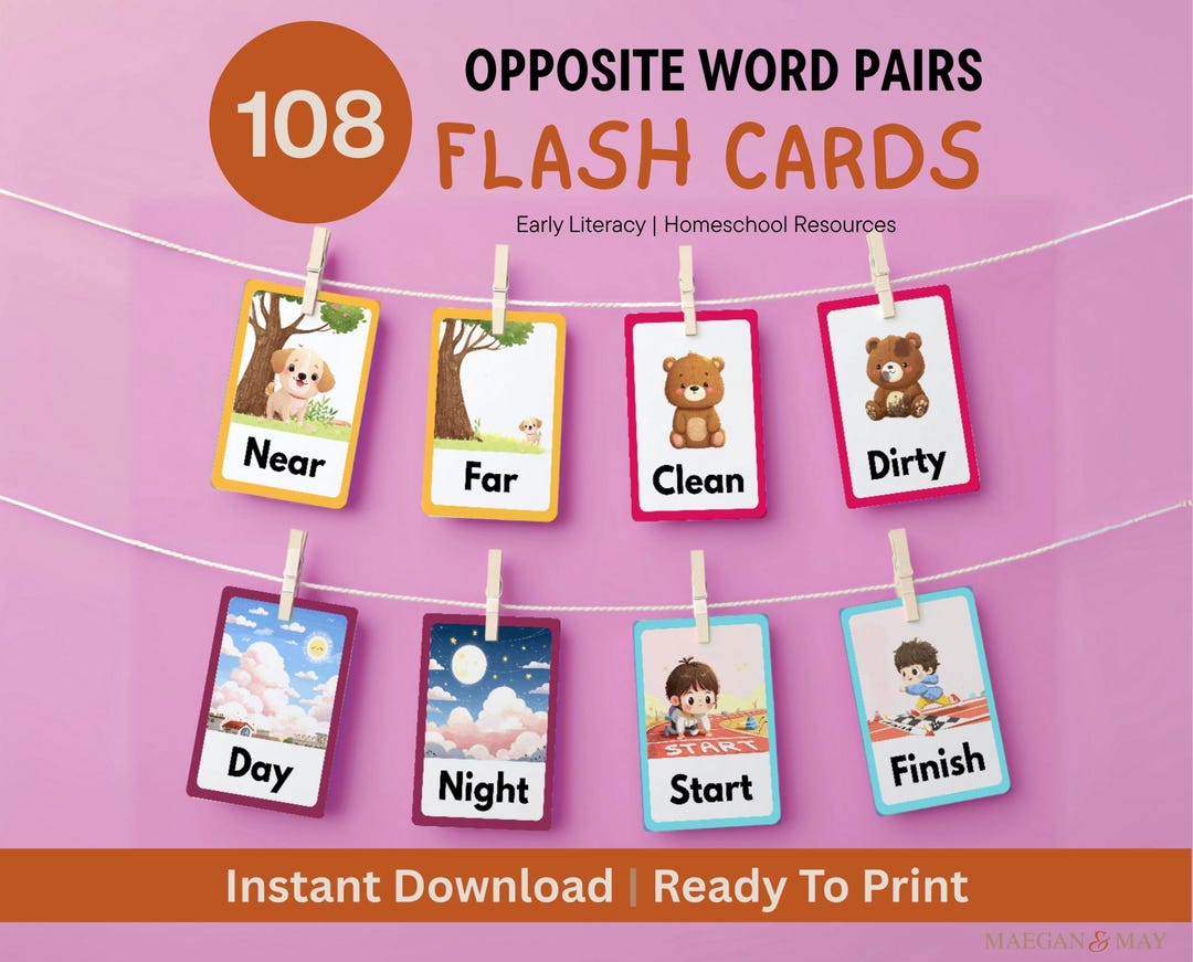 Opposite Word Pairs Flashcards for Kids | 108 Illustrated Cards ...