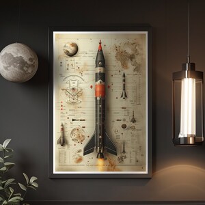 Vintage Rocket Blueprint Poster | Moody Space Blueprint Art ...