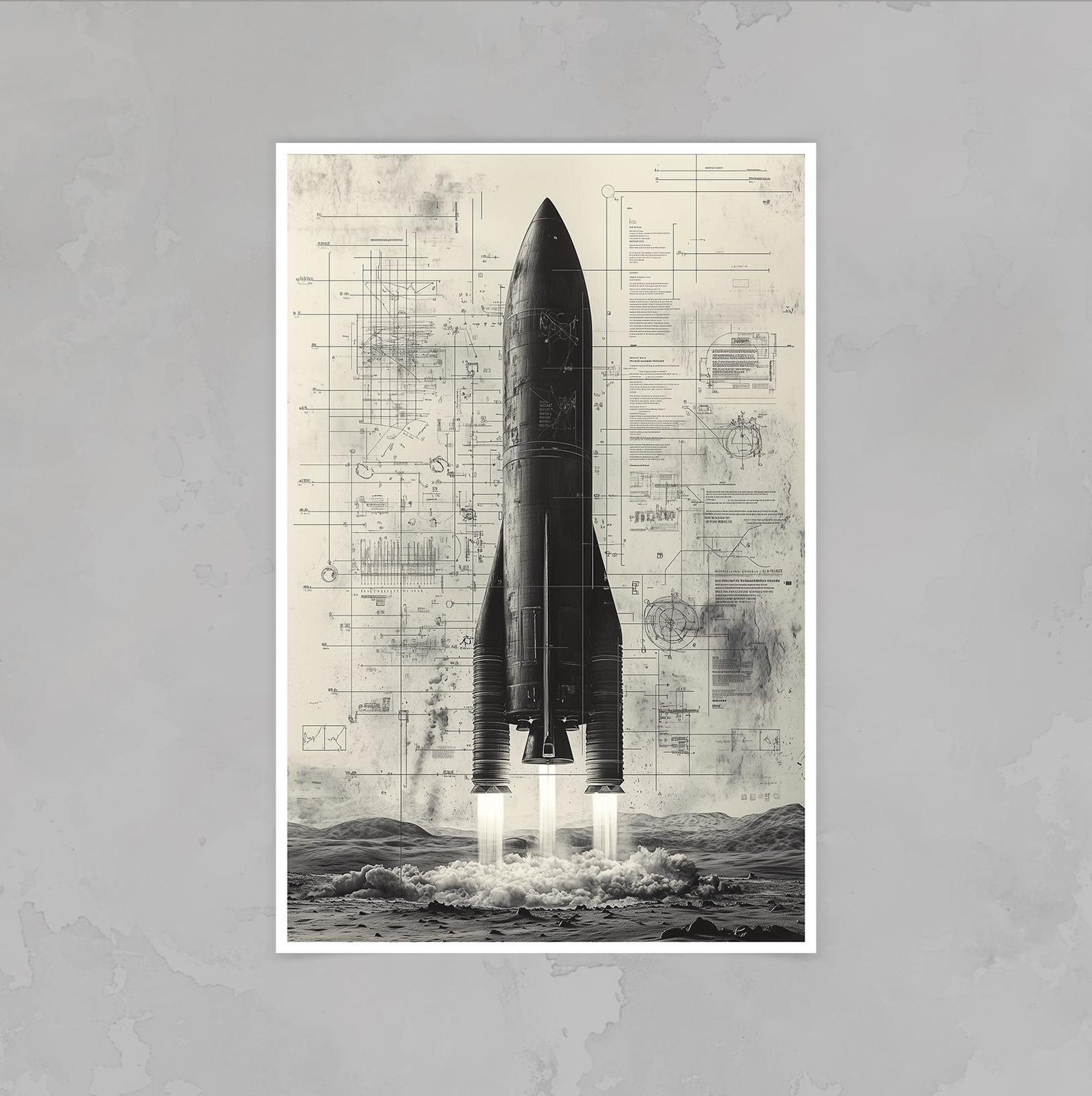 Rocket Blueprint Launch Poster, Retro Space Exploration, Art Print Game ...