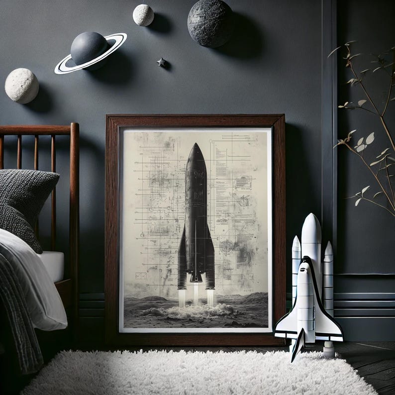 Rocket Blueprint Launch Poster, Retro Space Exploration, Art Print Game ...