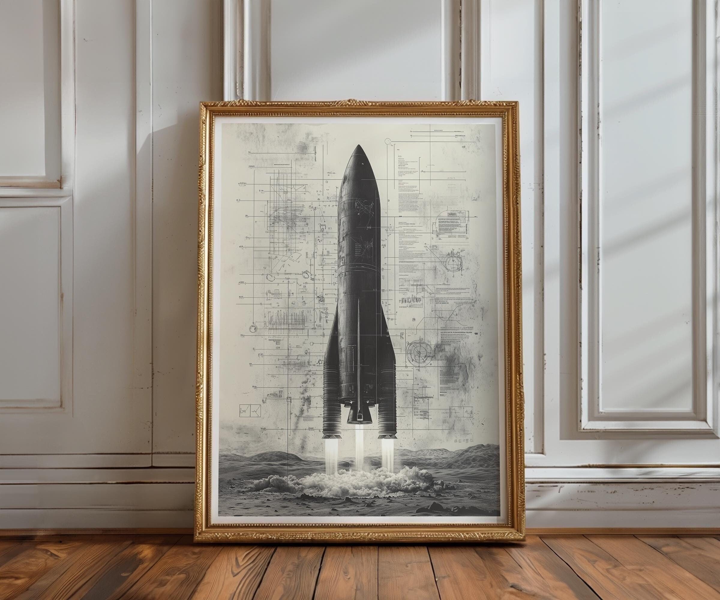 Rocket Blueprint Launch Poster, Retro Space Exploration, Art Print Game ...