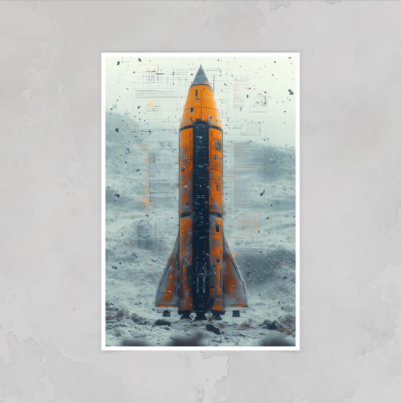 Rocket Blueprint Poster, Bedroom Shuttle Decor, Game Room Art, Space ...