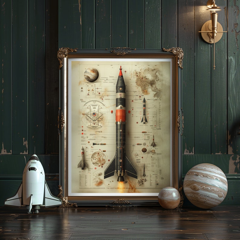 Vintage Rocket Blueprint Poster | Moody Space Blueprint Art ...