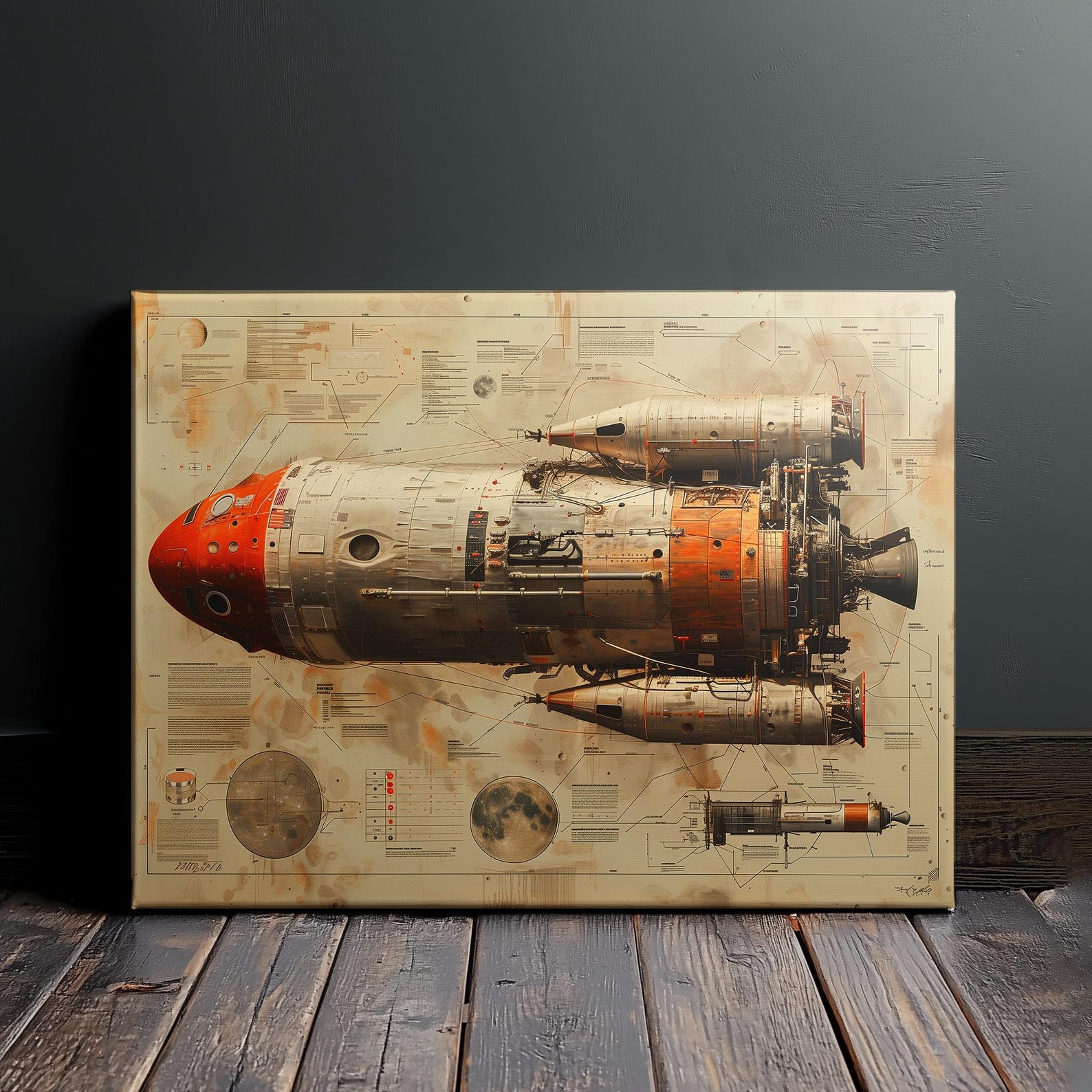 Detailed Rocket Blueprint Art Canvas: Spacecraft Design Wall Decor No ...