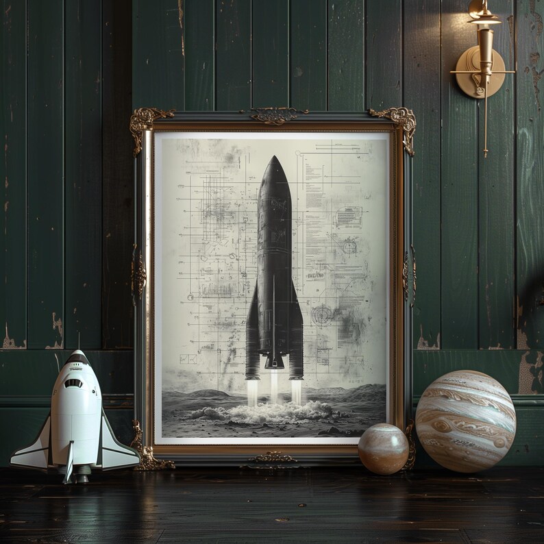 Rocket Blueprint Launch Poster, Retro Space Exploration, Art Print Game ...