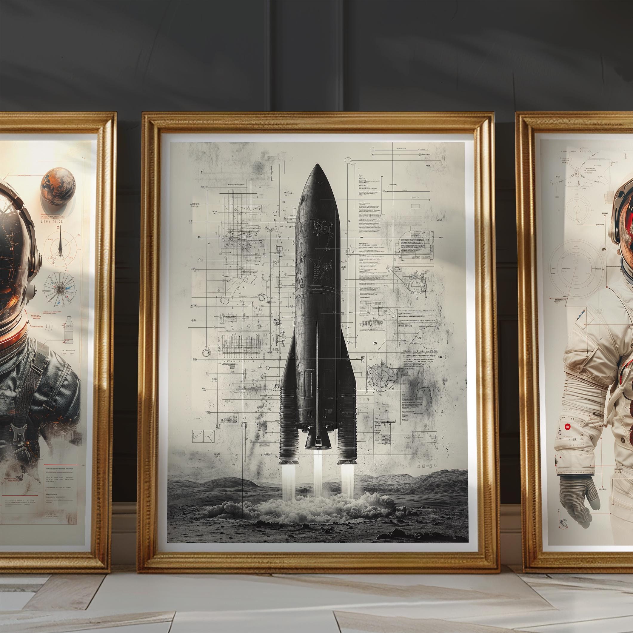 Rocket Blueprint Launch Poster, Retro Space Exploration, Art Print Game ...