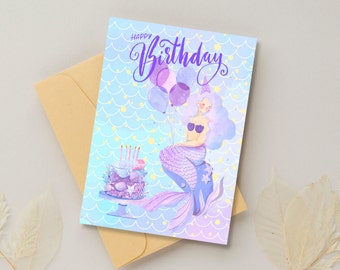 Printable Mermaid Happy Birthday Card for Girl,little Mermaid Card for ...