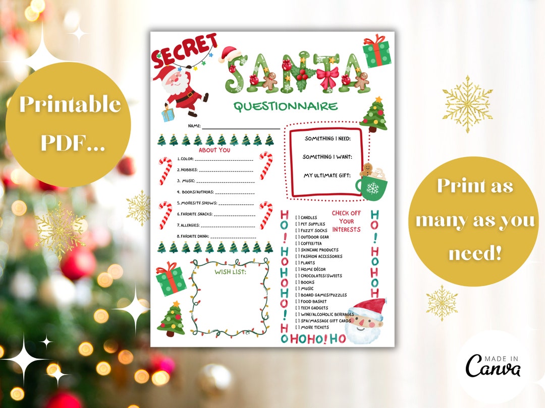 Secret Santa Questionnaire, Christmas Party, Work Secret Santa, Secret ...