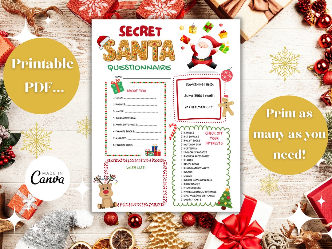 Secret Santa Questionnaire, Christmas Party, Work Secret Santa, Secret ...