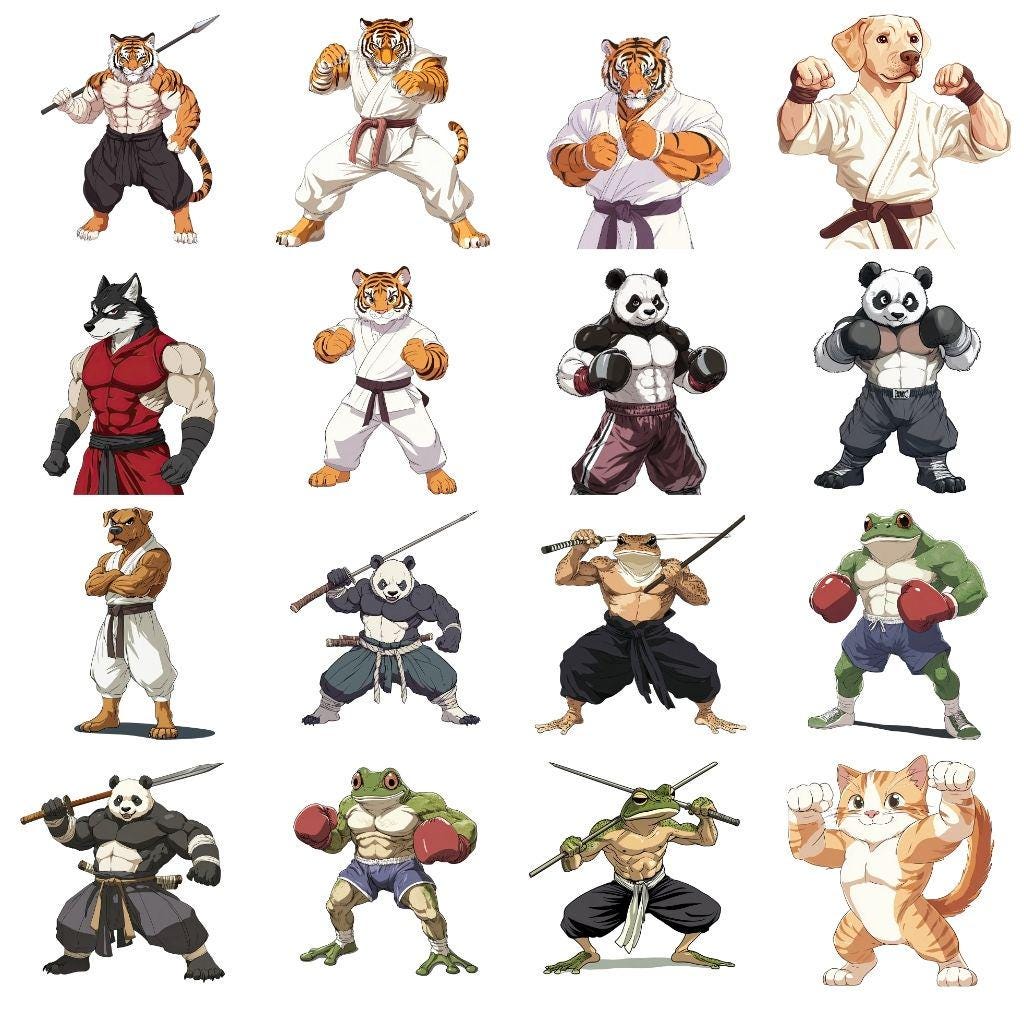 Anime Fighters Animals Clipart Bundle Design Elements, White and ...