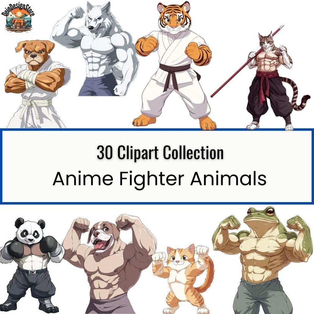 Anime Fighters Animals Clipart Bundle Design Elements, White and ...
