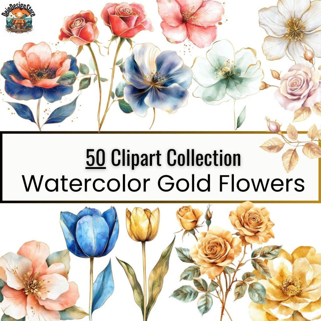 Flowers Roses Gold Border - Watercolor Clipart Bundle - 50 Design ...