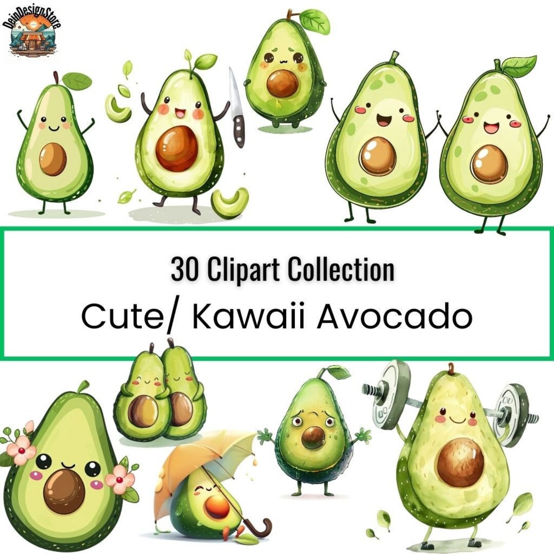 Cute/kawaii Avocados Clipart Bundle - Design Elements, White and ...