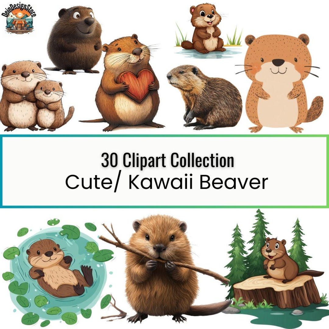 Cute/kawaii Beaver Clipart Bundle - Design Elements, White and ...