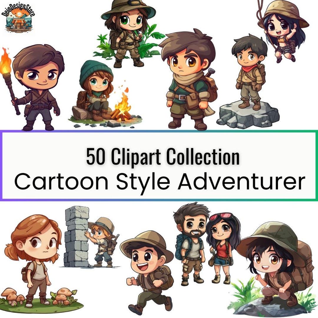 Cute Cartoon Adventurer Clipart Bundle Design Elements, White and ...