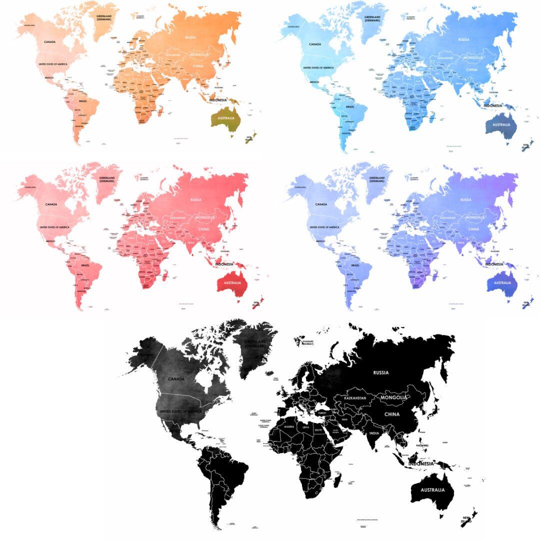 5 World Map Blue Black and White World Map Travel, Watercolor Map ...