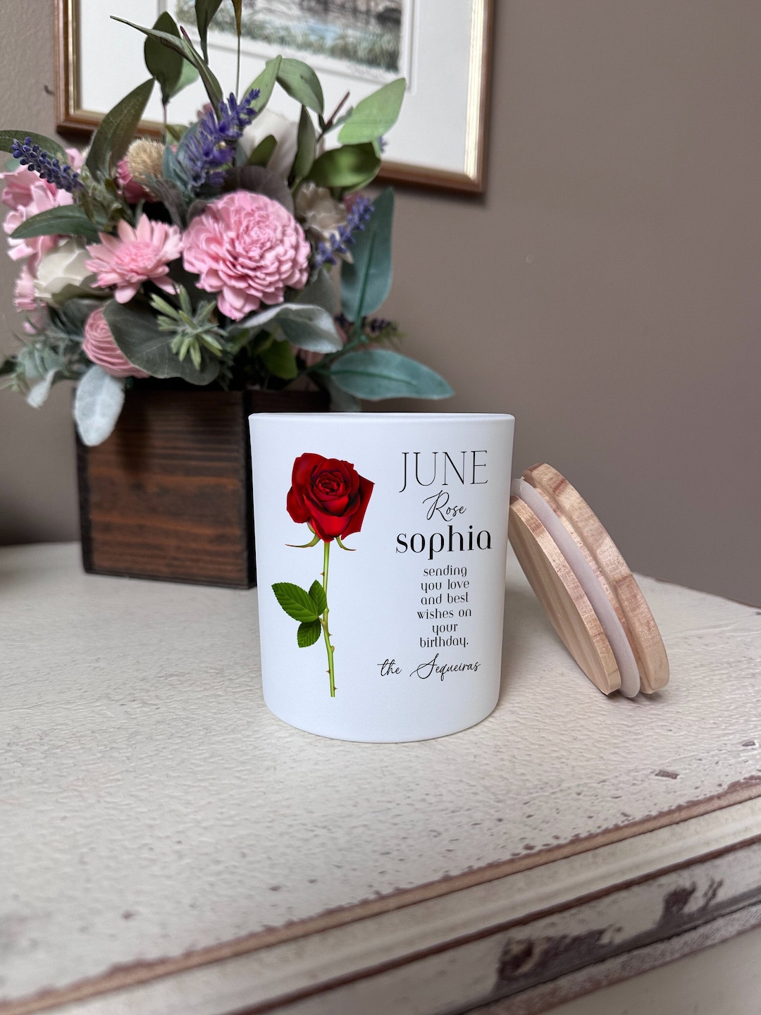 Personalized Birth Flower Candle June Birth Flower Gift Rose Flower ...