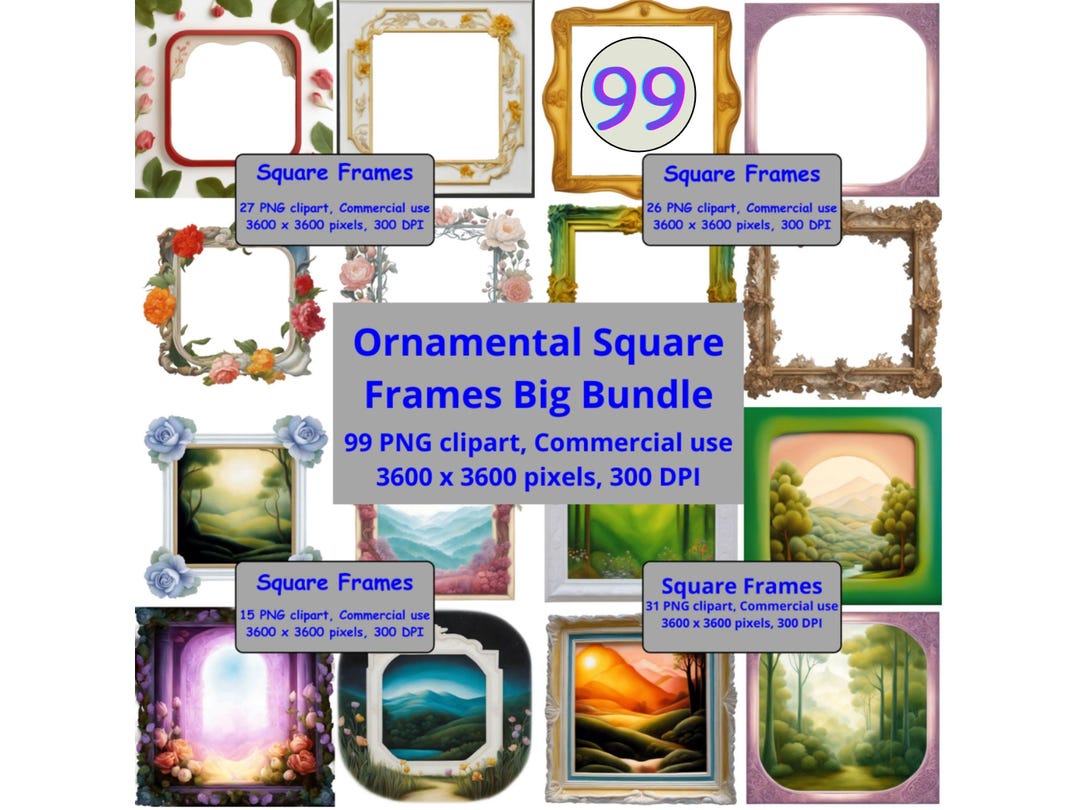 Big Bundle - Ornamental Square Frames - Clipart Bundle - 99 PNG Frames ...