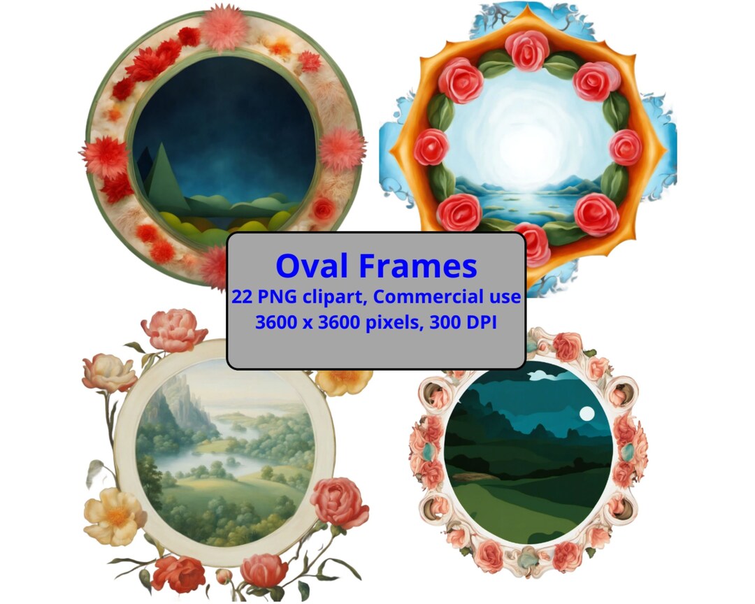 Floral Oval Clipart Frame - Instant Downloadable Wall Art - Painted ...