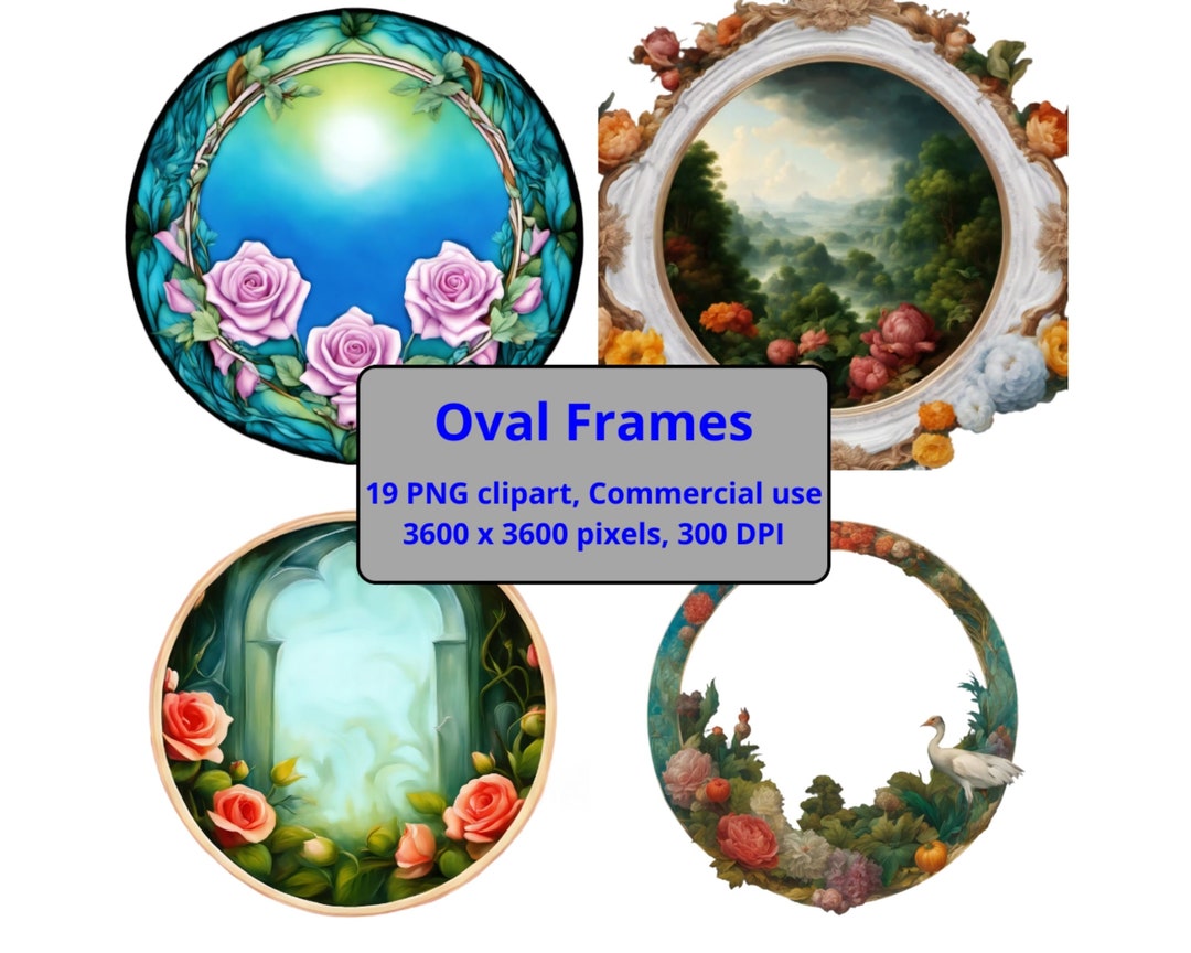 Floral Oval Clipart Frame - Instant Downloadable Wall Art - Painted ...