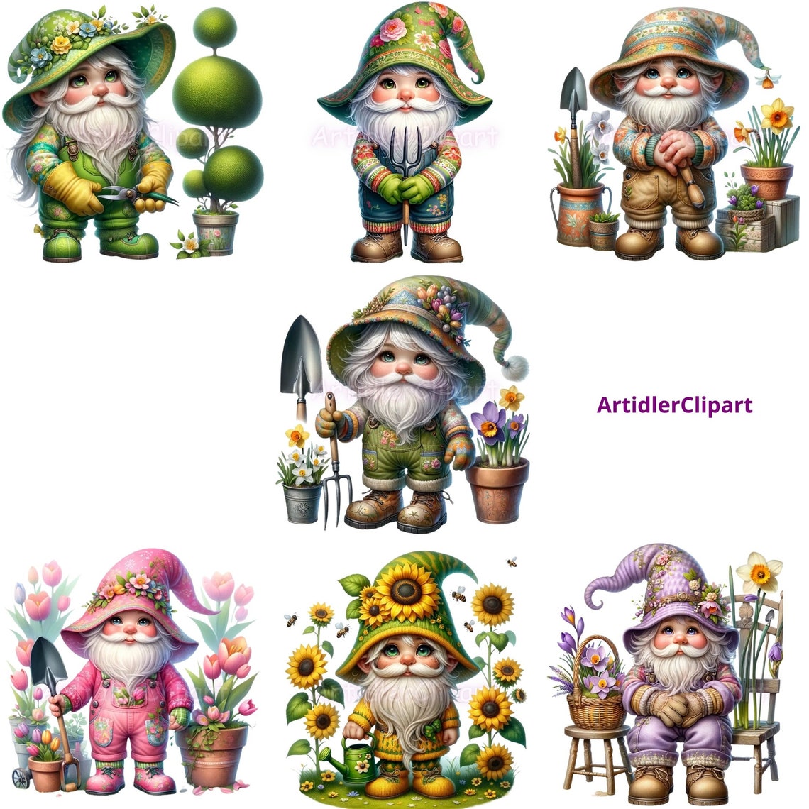 Gnome Spring Gardening Clipart Bundle Commercial Use Digital Download ...
