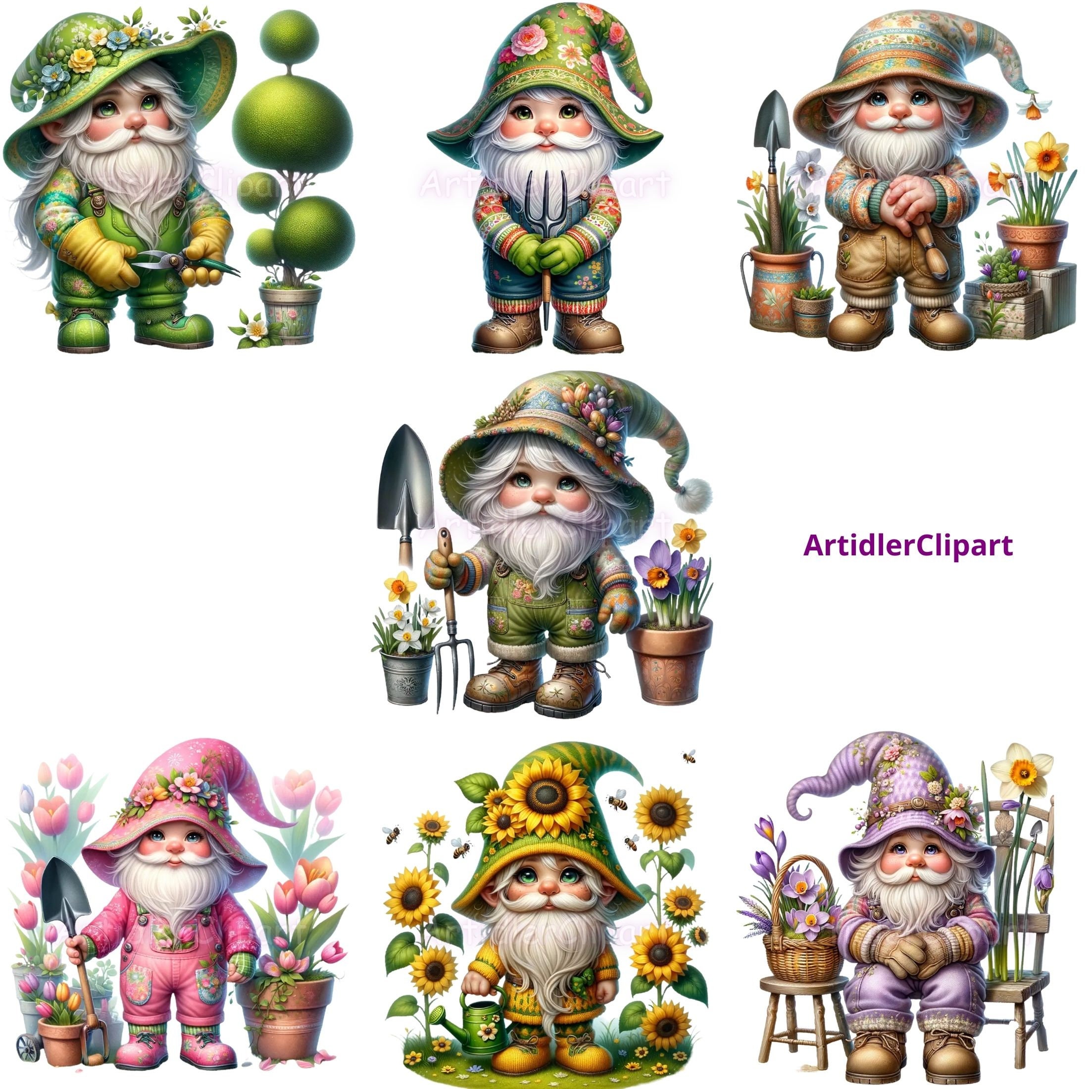 Gnome Spring Gardening Clipart Bundle Commercial Use Digital Download ...