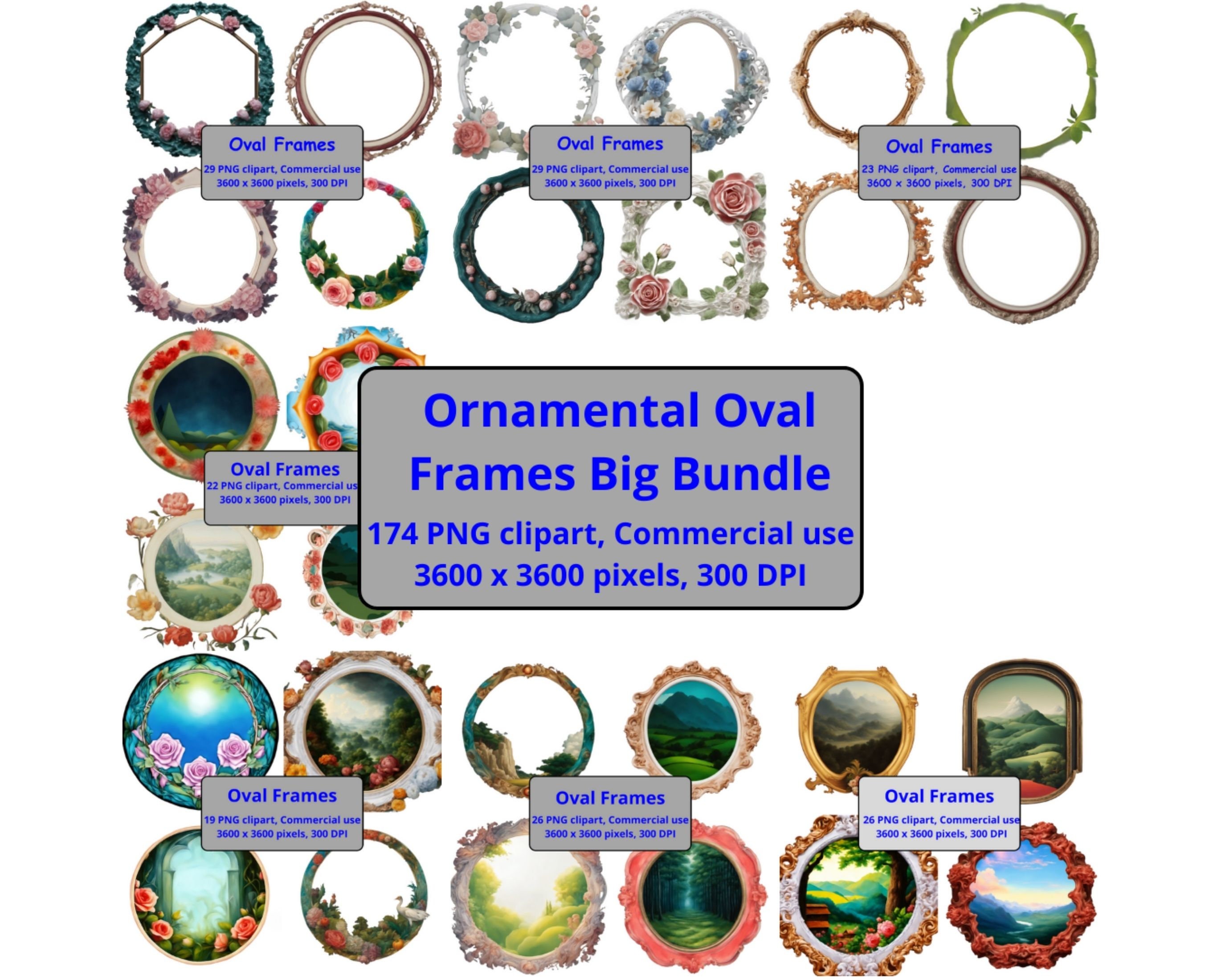 Big Bundle Ornamental Oval Frames Clipart Bundle 174 PNG Frames Bundle ...