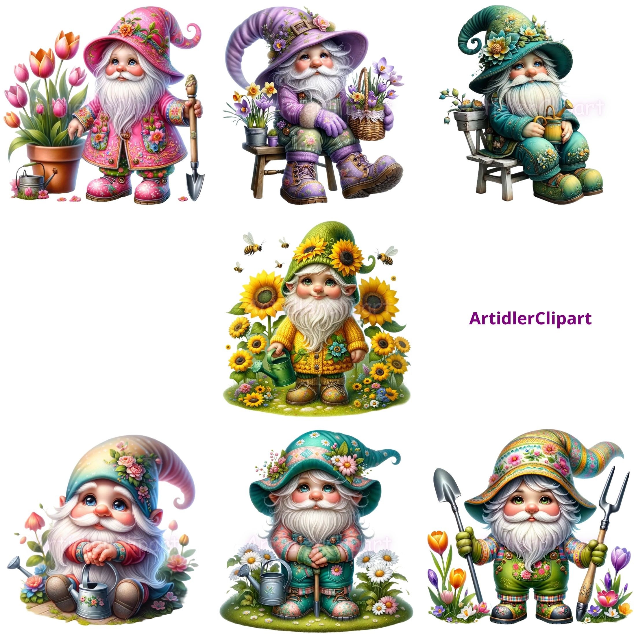 Gnome Spring Gardening Clipart Bundle Commercial Use Digital Download ...