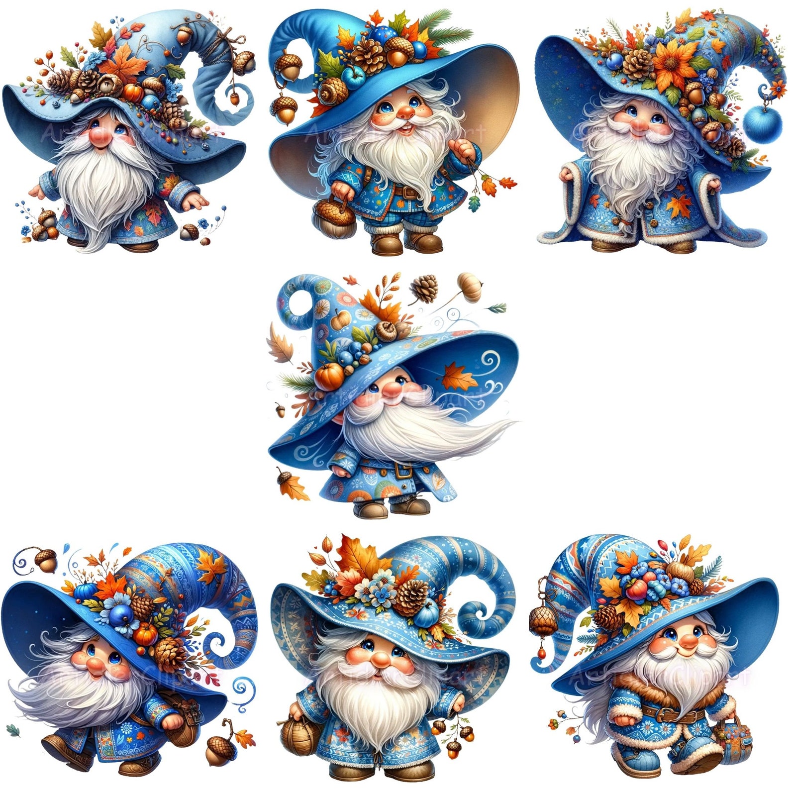 FALL GNOME CLIPART - Watercolor Blue Gnome Clipart, Mega Bundle Clipart ...