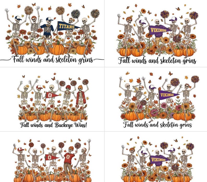 Team Spirit Skeleton Cheer Squad – Fall PNG Bundle of 18, Skeleton Team ...