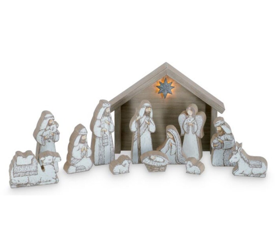Rustic Light-up Nativity Set Handcrafted 12-piece Wooden Decoupage Tin ...