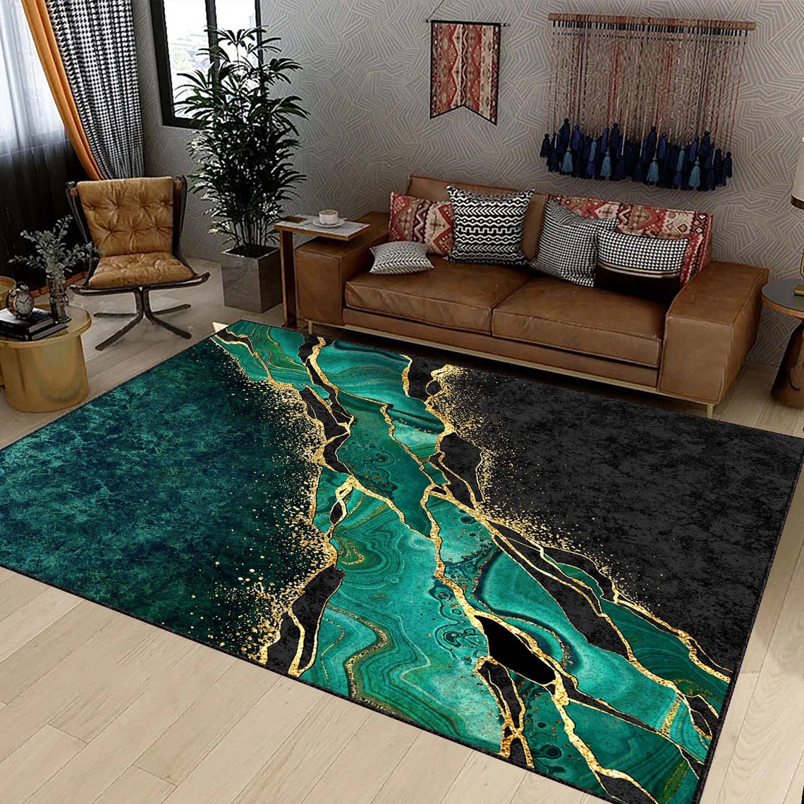 Emerald Green Rug, Marble Deoor, Gold Marble Rug, Area Rug, Abstract ...