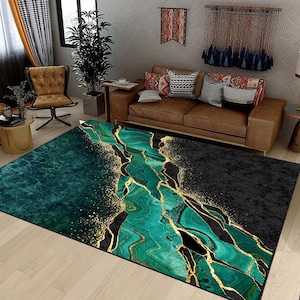 Emerald Green Rug, Marble Deoor, Gold Marble Rug, Area Rug, Abstract ...