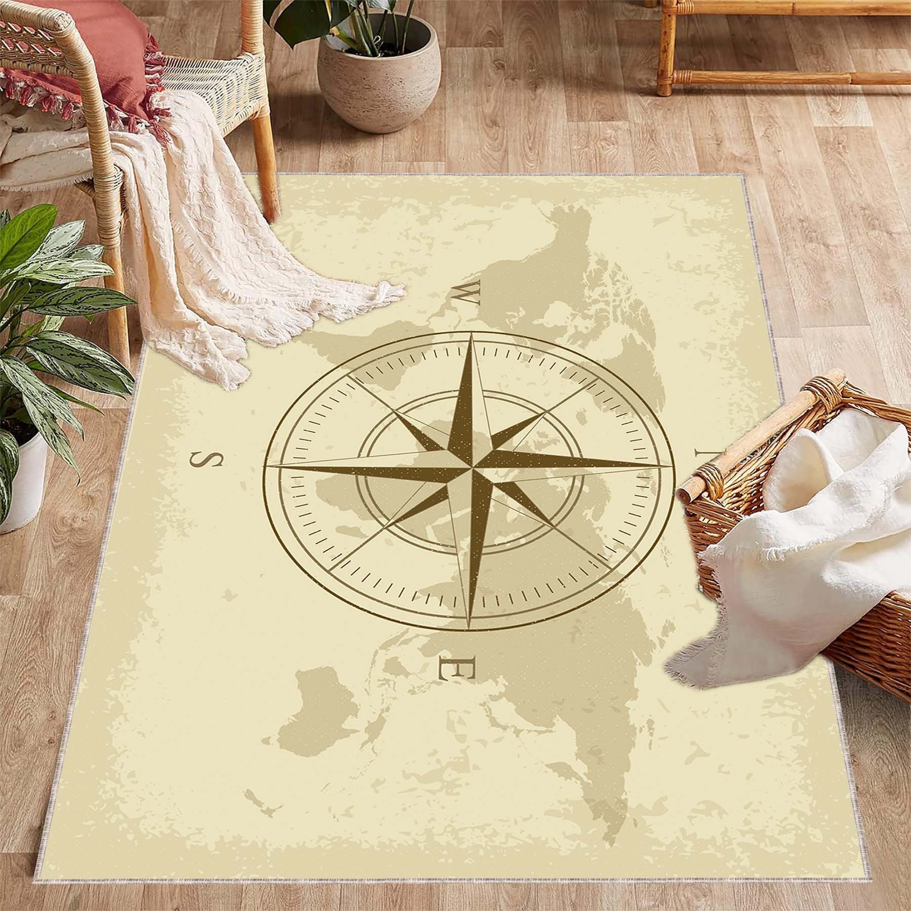 Nautical Map, Compass and World Map, Compass Rose Rug, Real Looking Non ...