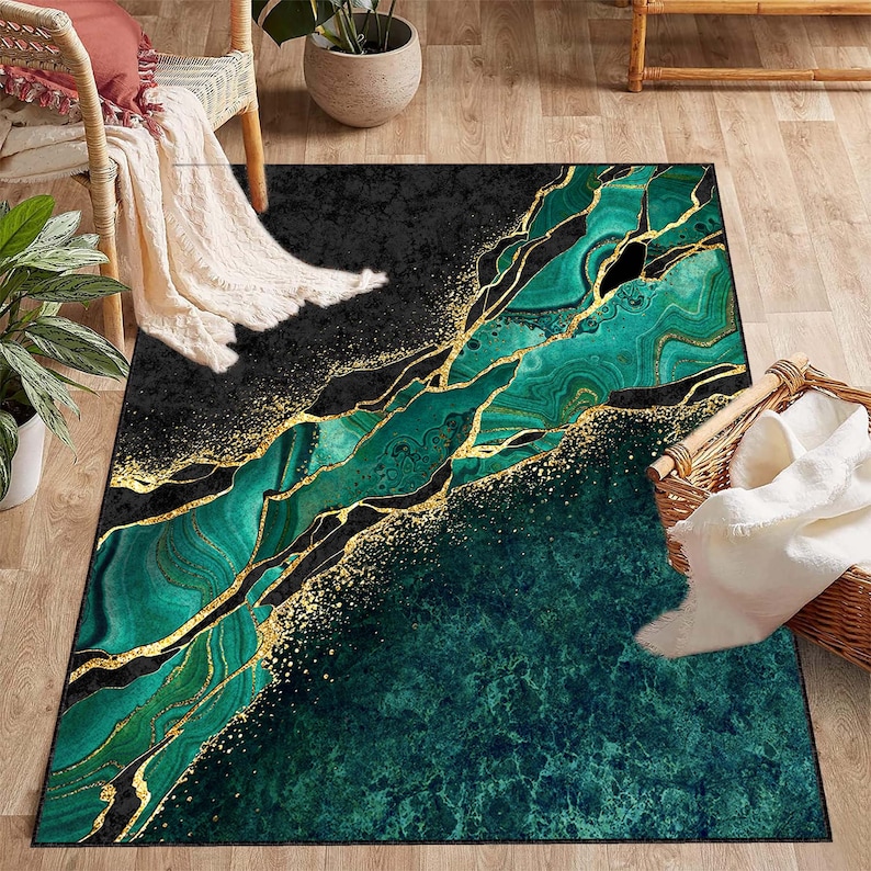 Emerald Green Rug, Marble Deoor, Gold Marble Rug, Area Rug, Abstract ...