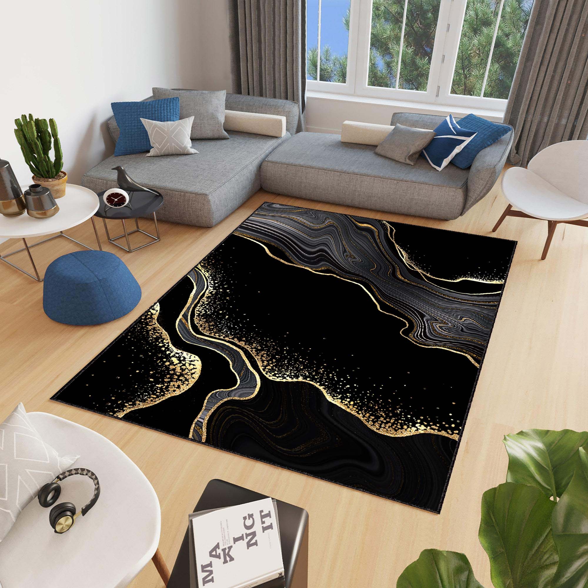 Marble Rug, Black Gold Colour Marble Rug, Abstract Colorful Rug, Living ...