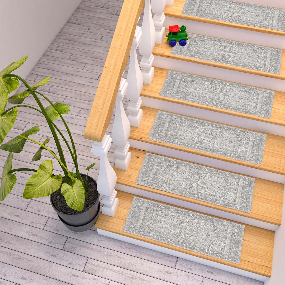 Faded White Stair Tread, Stair Tread Rug, Stair Step, White Patterned ...