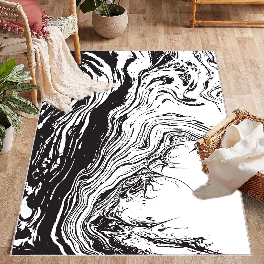 Black White Abstract Rug, Marble Rug, Black Abstract Rug, Oil Painting ...