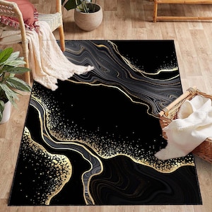 Marble Rug, Black Gold Colour Marble Rug, Abstract Colorful Rug, Living ...