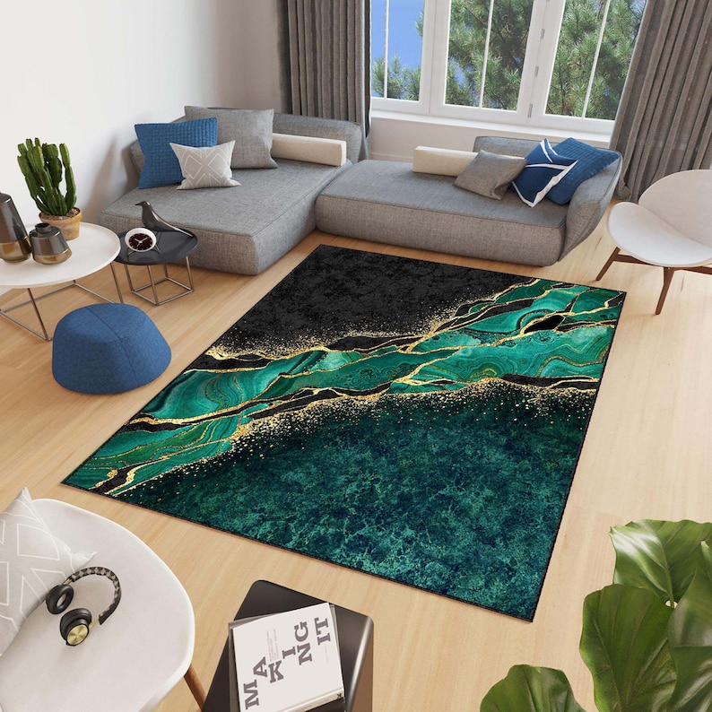Emerald Green Rug, Marble Deoor, Gold Marble Rug, Area Rug, Abstract ...