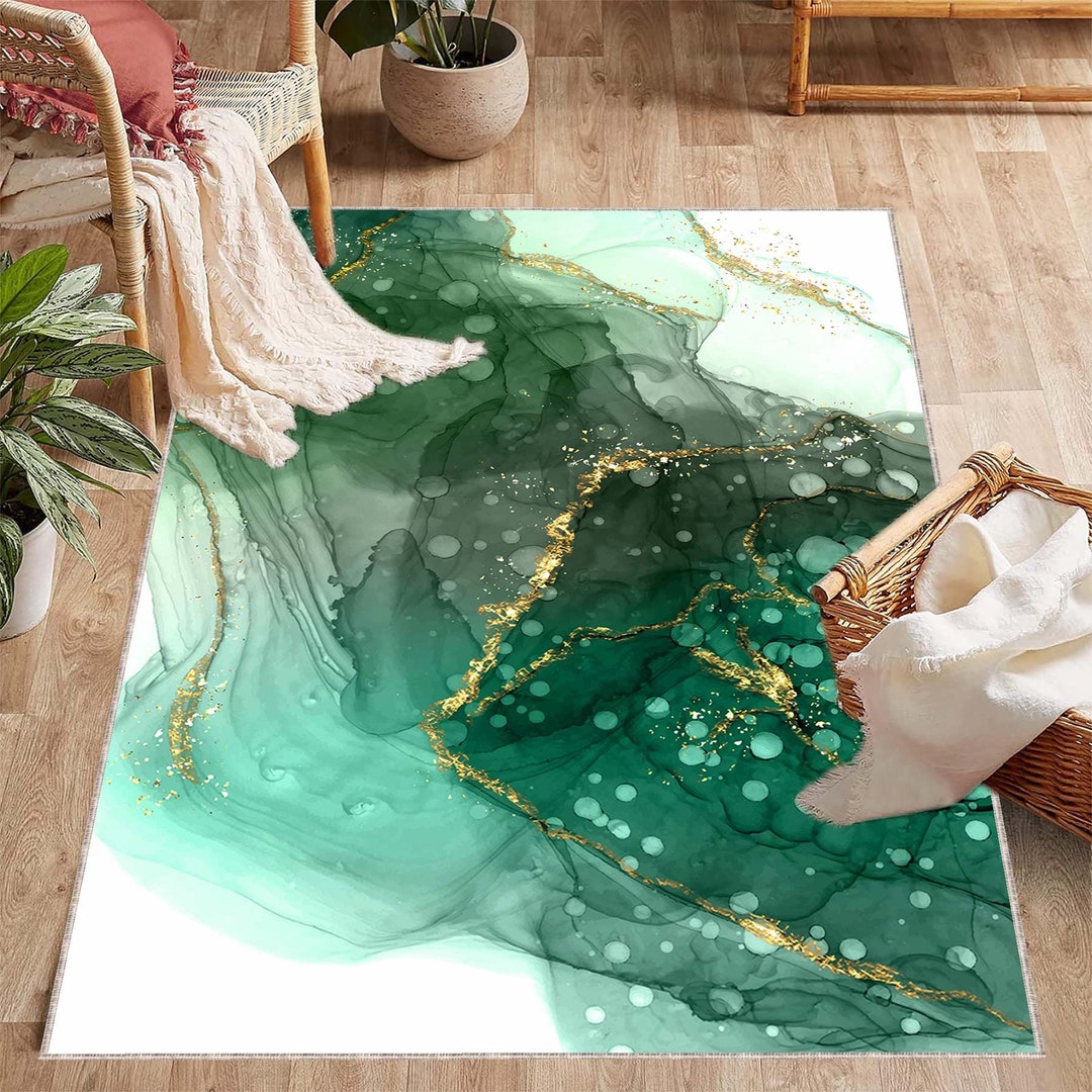 Green and Gold Marble Rug, Marble Decor Rug, Modern Abstract Rug - Etsy