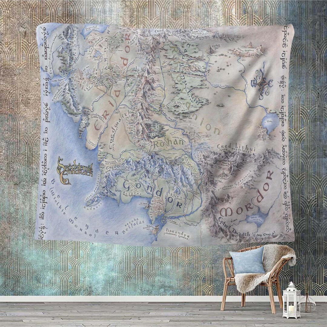 Middle Earth Tapestry, Lord of the Rings Map, Fantasy Wall Art, Tolkien ...