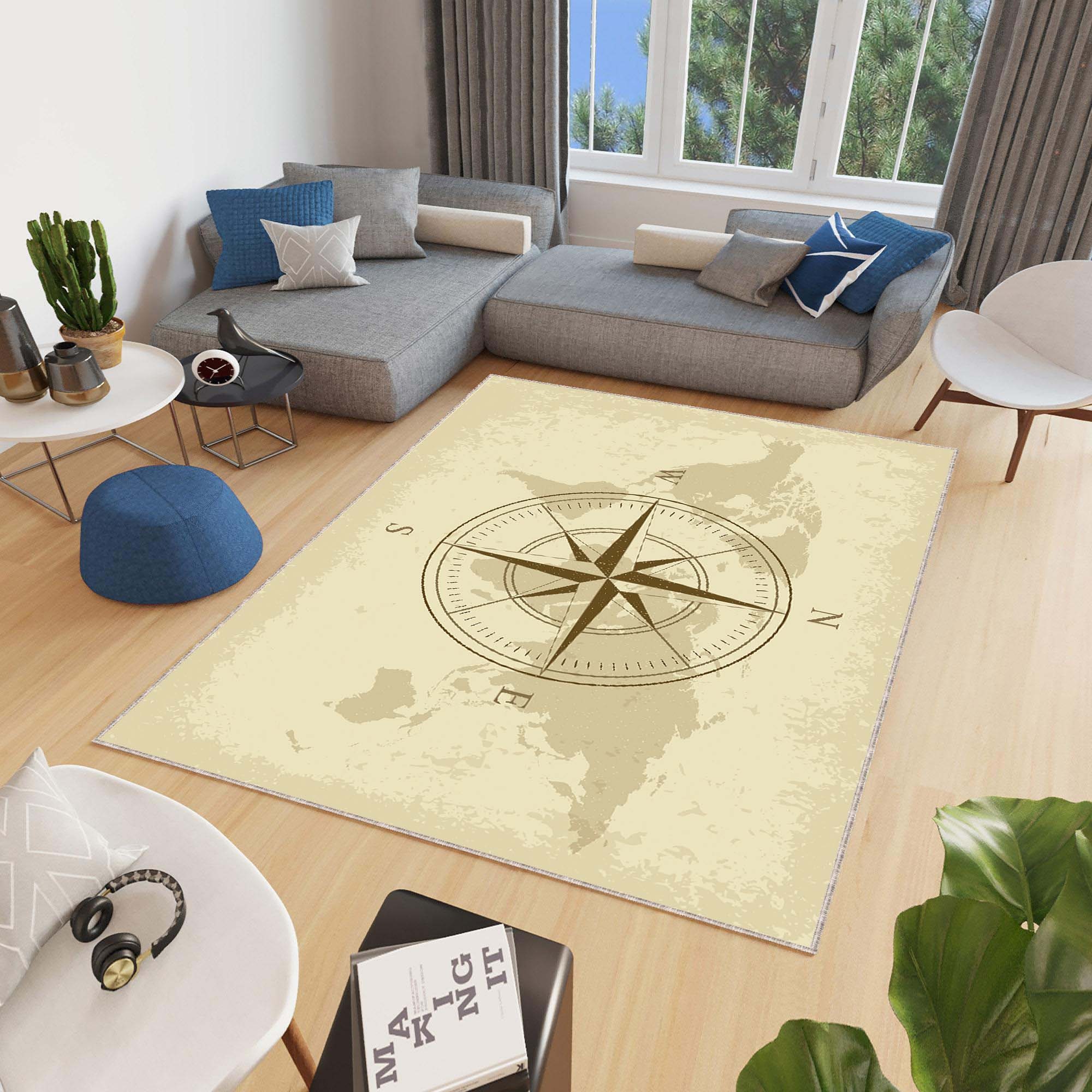 Nautical Map, Compass and World Map, Compass Rose Rug, Real Looking Non ...