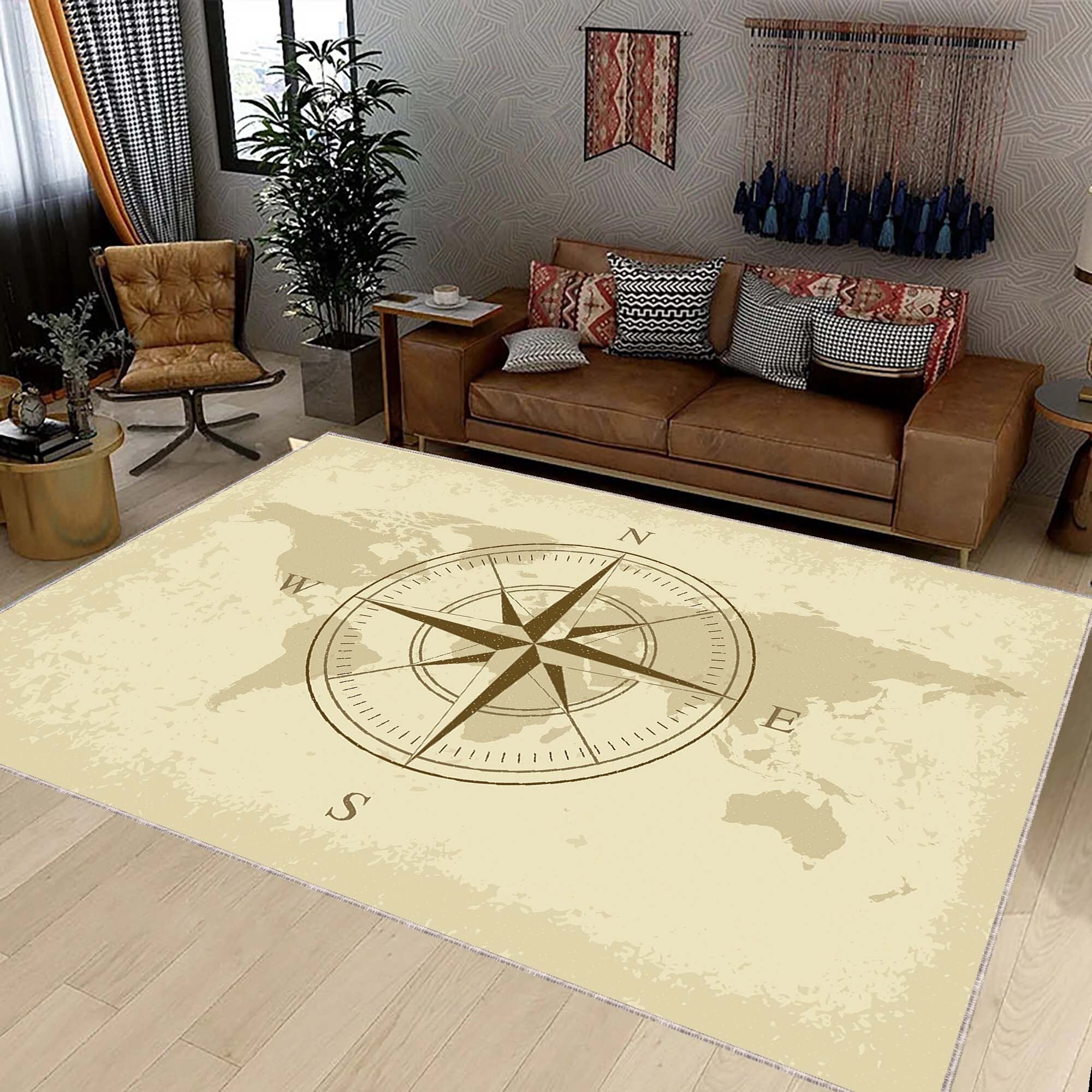 Nautical Map, Compass and World Map, Compass Rose Rug, Real Looking Non ...