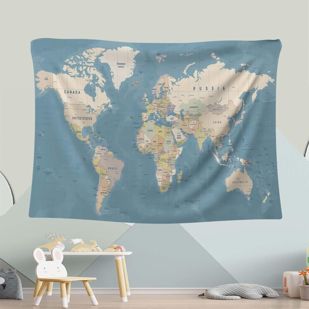 World Map Tapestry,map Wall Art,educational Wall Hanging,geography Room ...