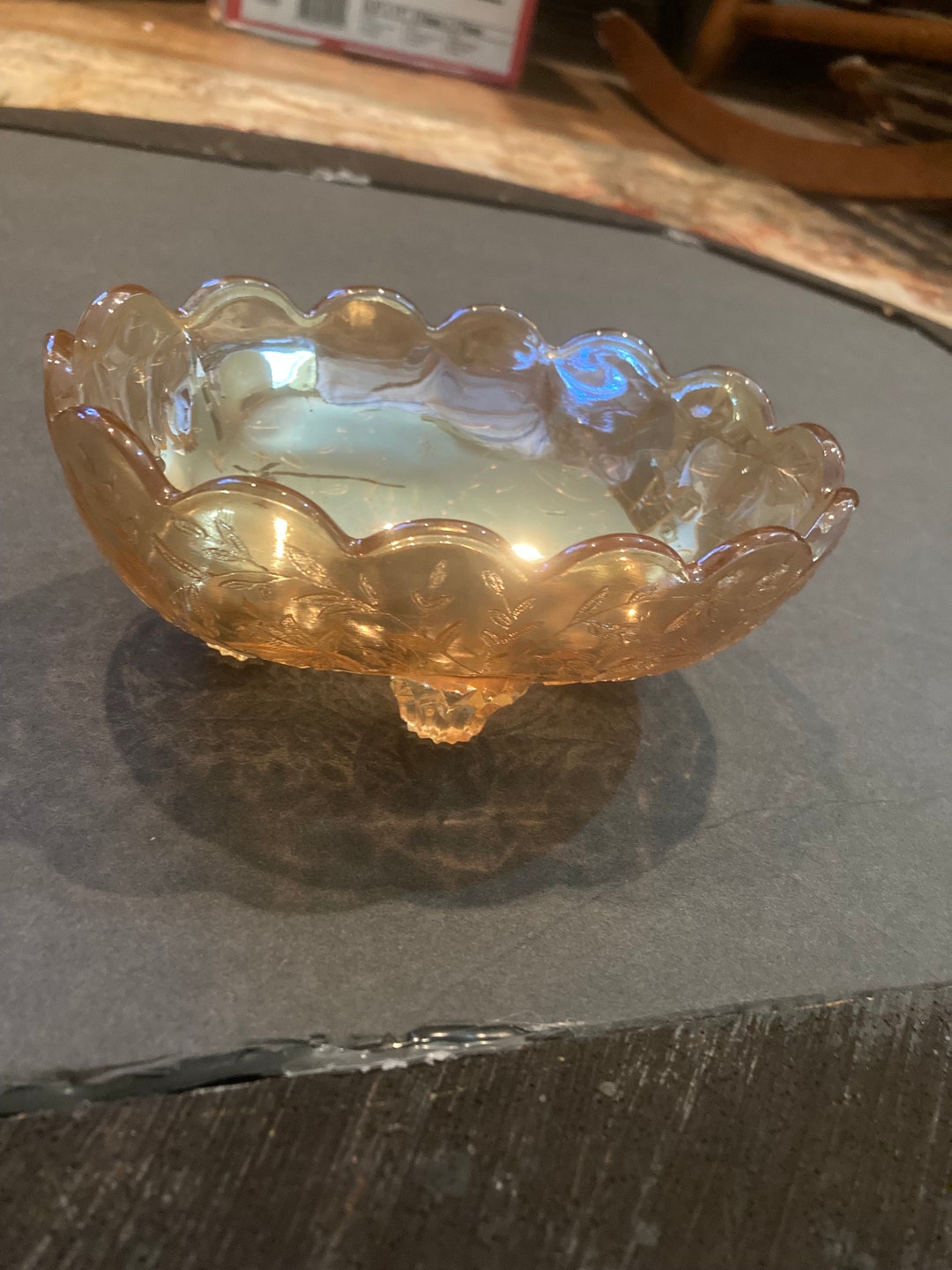 Vintage Floragold, Peach Carnival Glass Oval Footed, Scalloped Rim ...