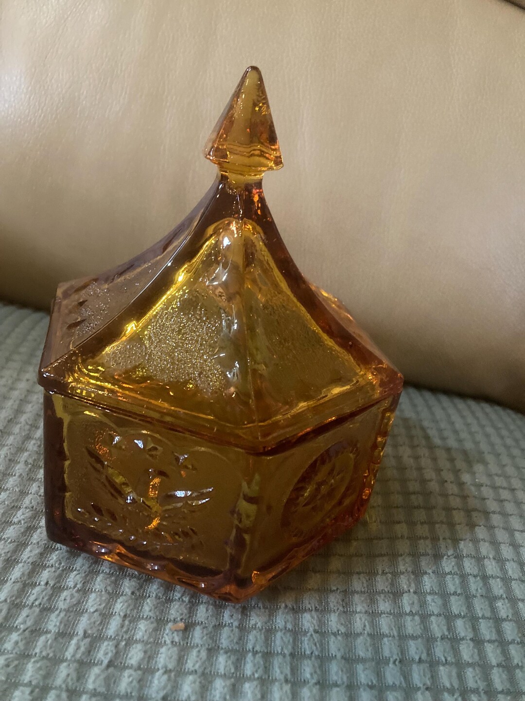 Vintage Amber Hexagon Indiana Glass Lidded Candy Dish Eagle/stars Design - Etsy