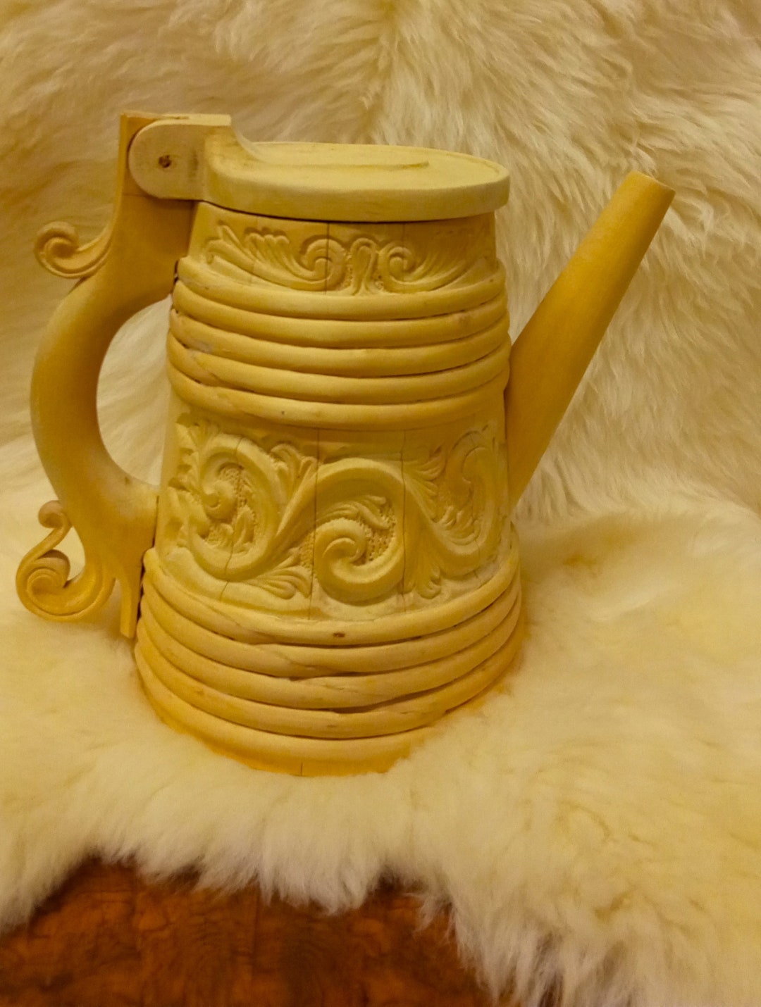 Spout Jug, Wooden White, With Three Rings Around Top and Bottom, Good ...